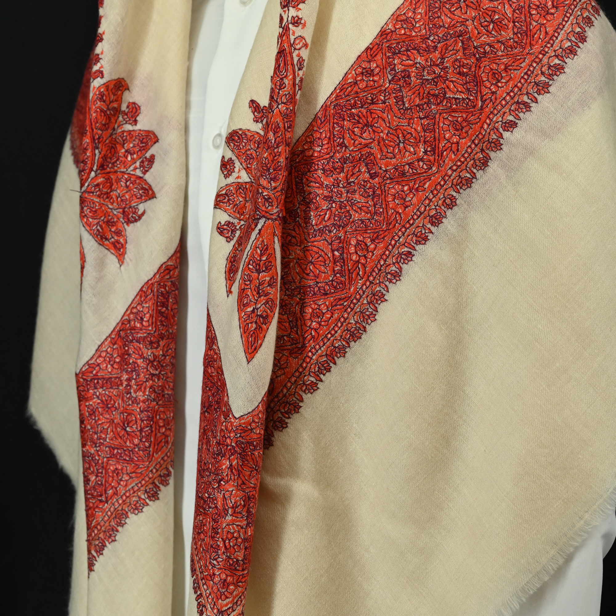 Contemporary edition Kashmiri shawl with Maroon Red color pattern Hand ...