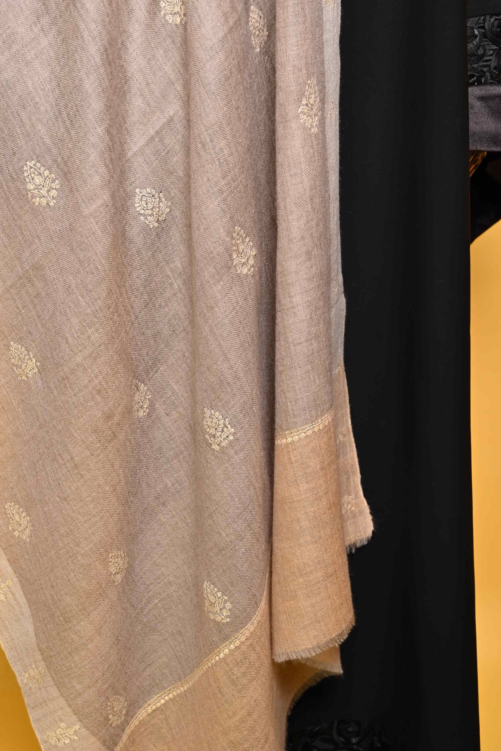 Kashmiri Designer Stole with motif hand embroidery with shaded border and Natural Brown Pashmina ...