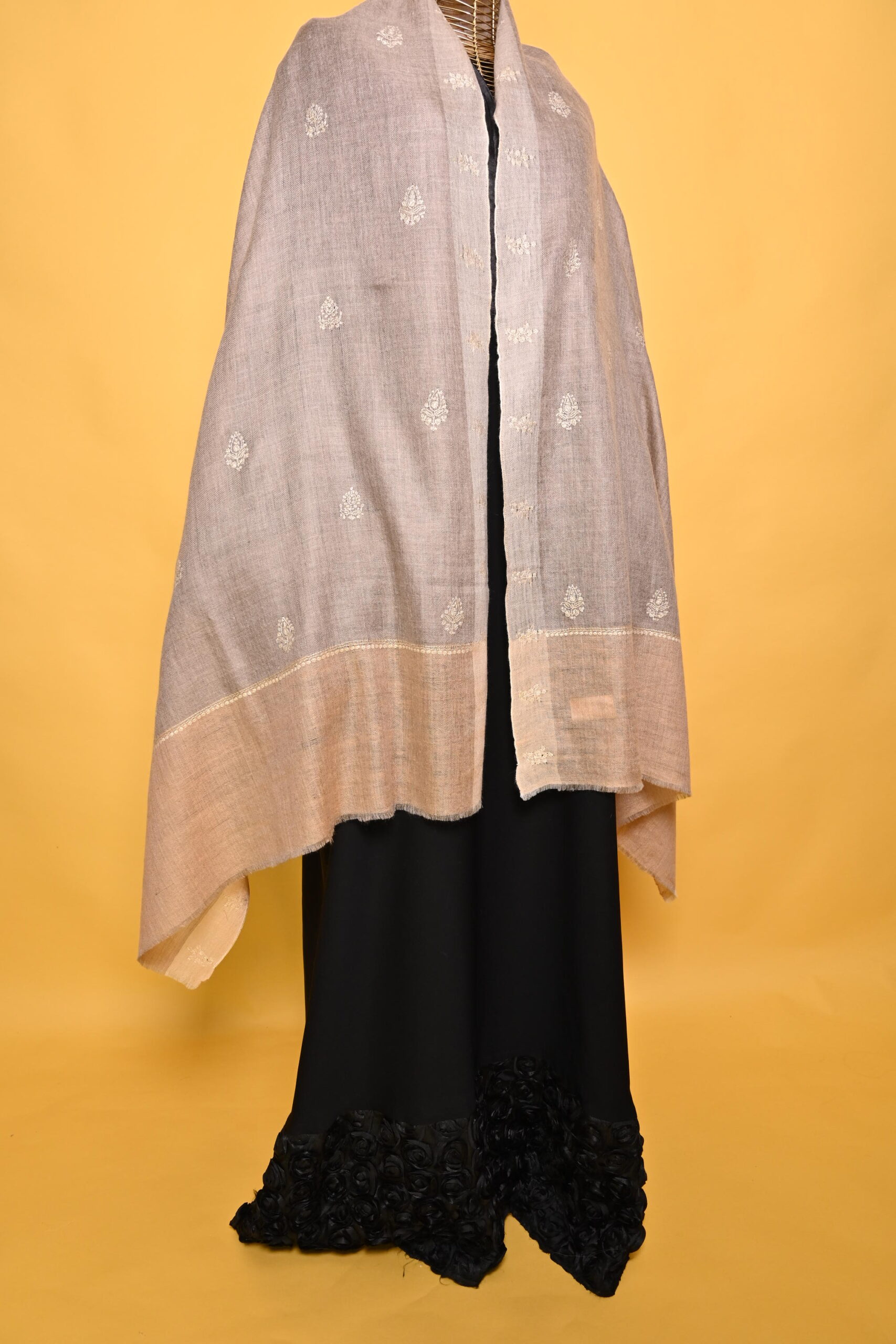 Kashmiri Designer Stole with motif hand embroidery with shaded border and Natural Brown Pashmina ...