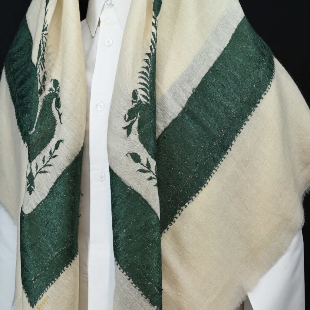 Traditional design shawl with Royal green Embroidery - Sheen Kashmir